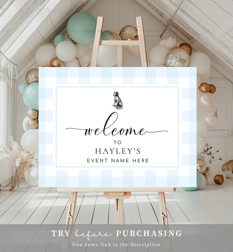 Blue Gingham Welcome Sign, Puppy Dog, Boy Baby Shower Pale Blue Check ...