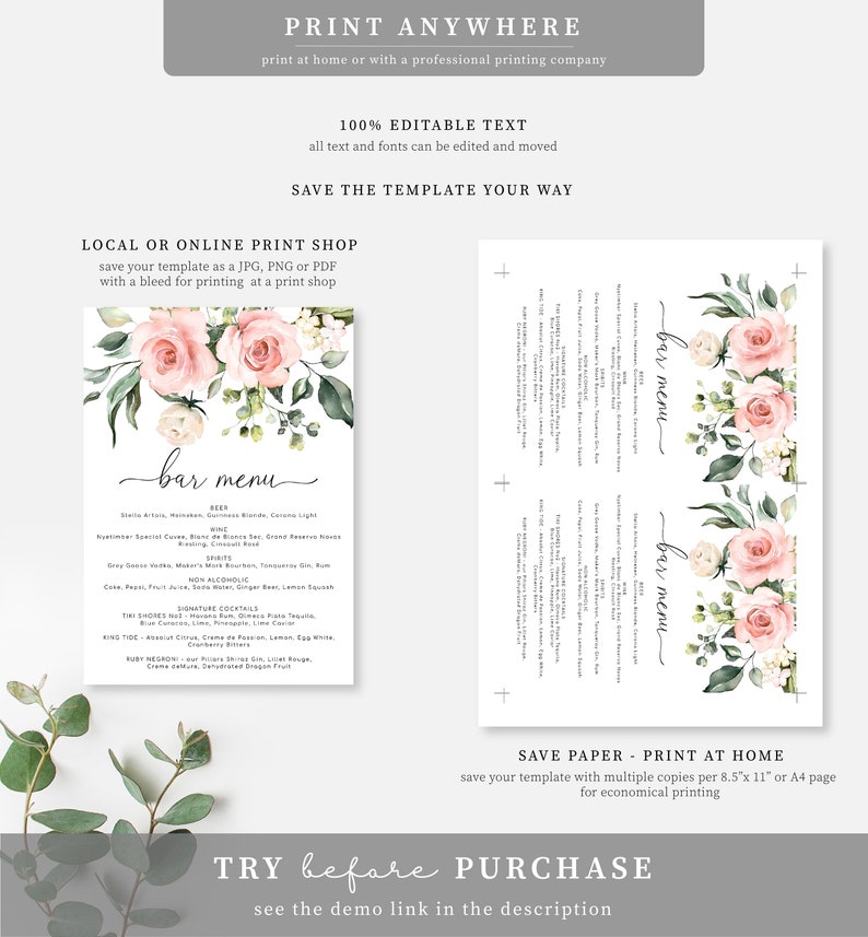 Printable Bar Menu Sign Blush Floral Wedding Drinks Menu - Etsy