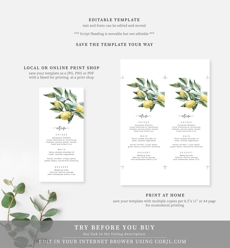 Lemon Editable Printable Menu Template - Wedding Menu - Floral Menu ...