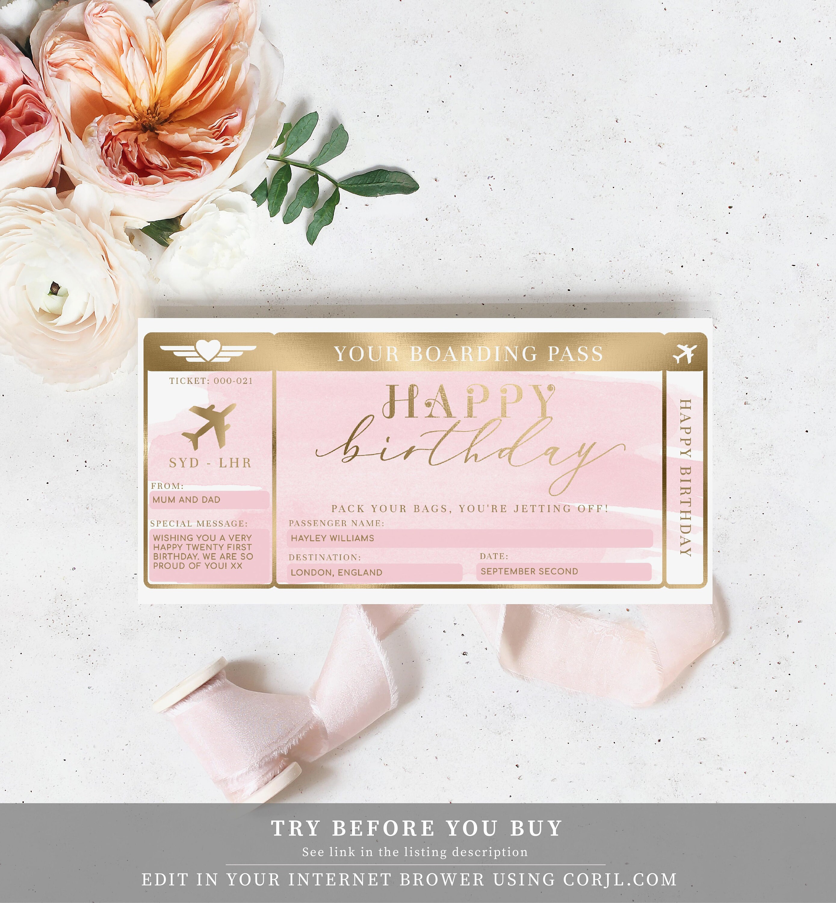 Pink Watercolor Birthday Boarding Pass Printable Template (digital ...