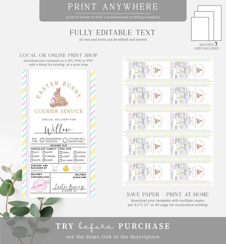 Printable Easter Bunny Egg Packing List Delivery Gift Tag, Easter Gift ...