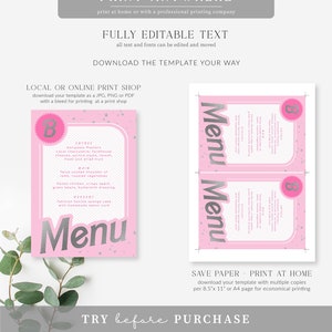 Editable Dinner Menu, Printable Birthday Party Lunch Menu, Pink Silver ...