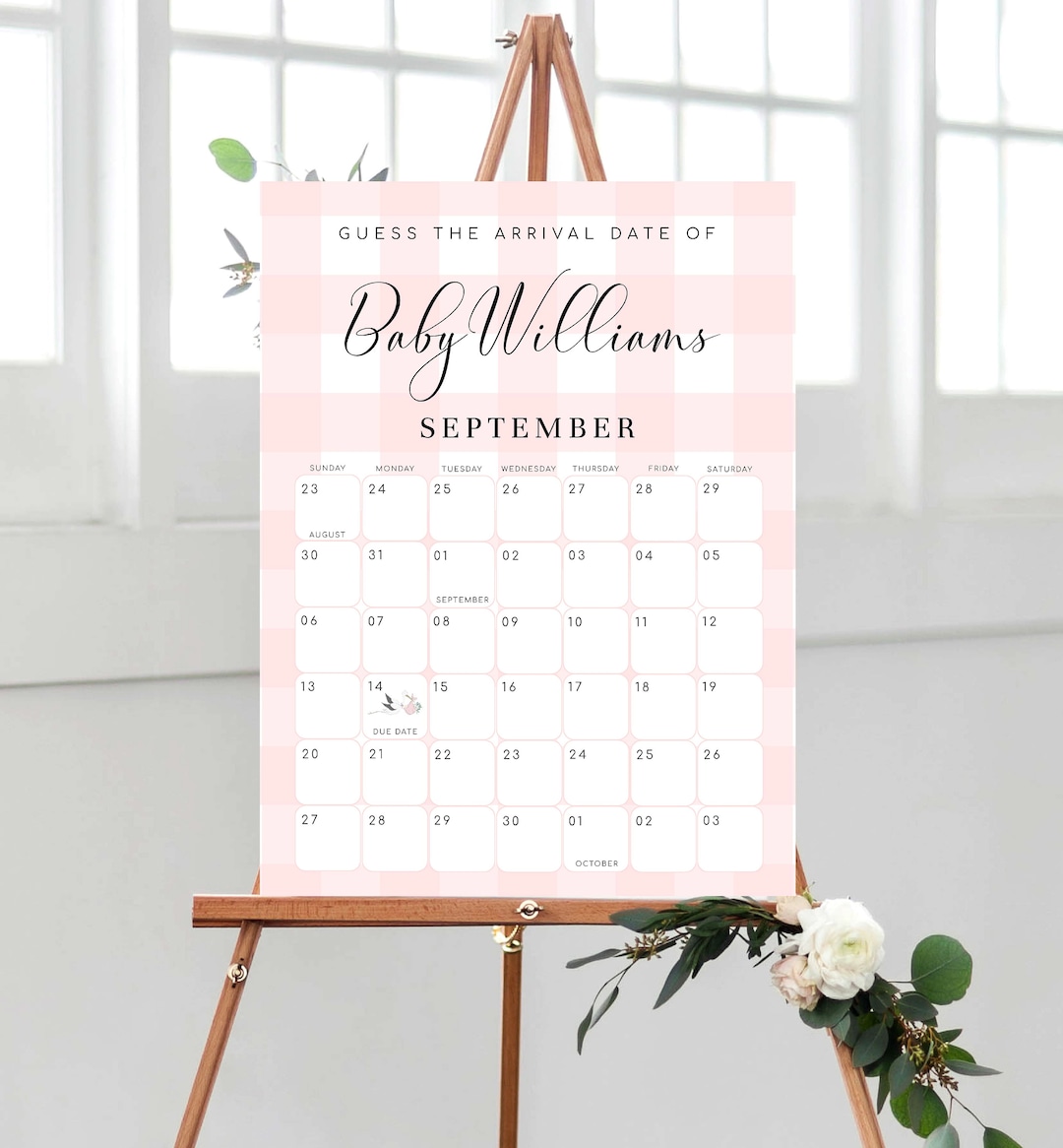 Guess the Arrival Date Game Sign, Pink Gingham Check, Printable Guess ...