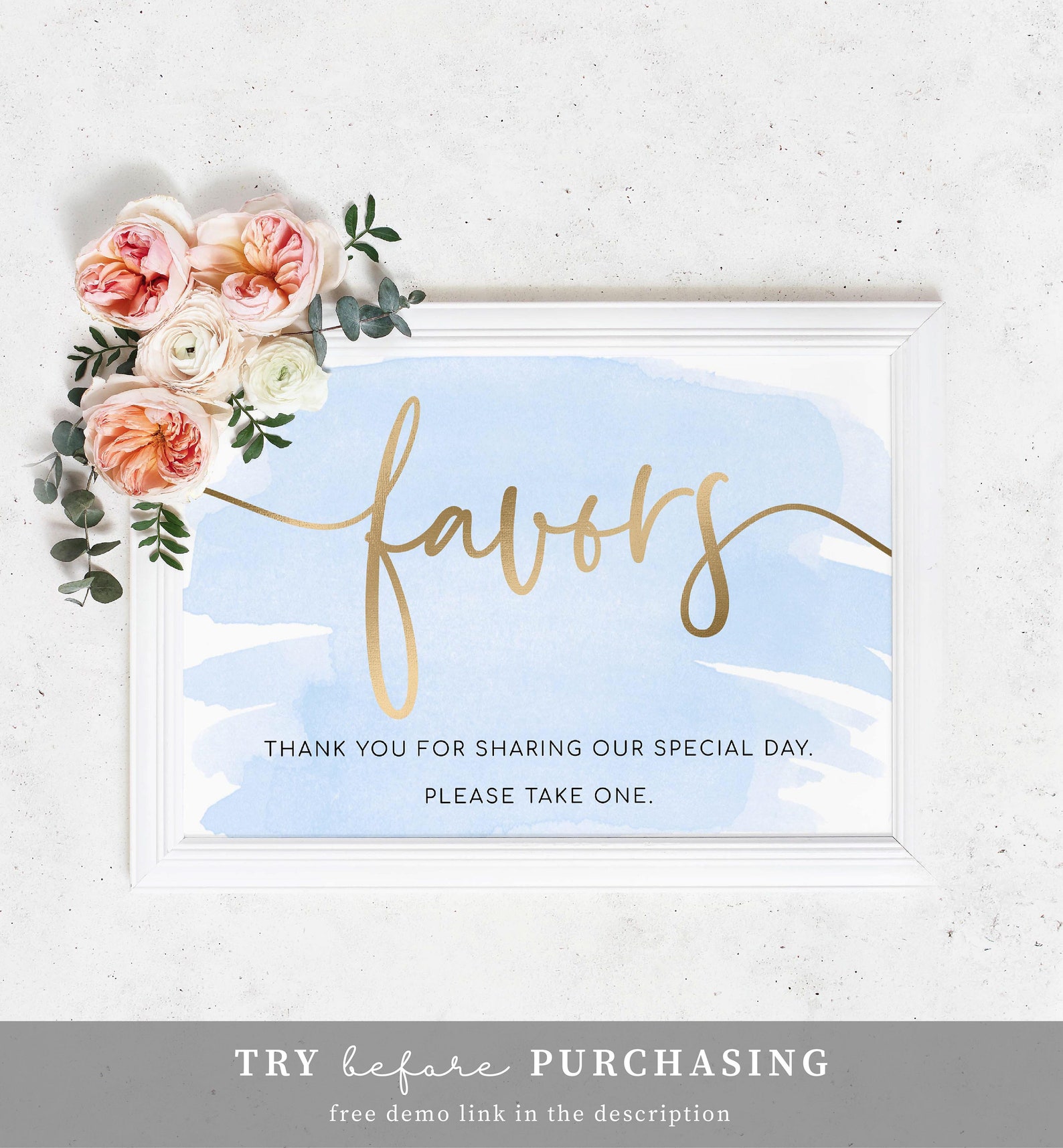 Favors Sign Blue Watercolour Favours Sign Gold Foil Bridal and Baby ...