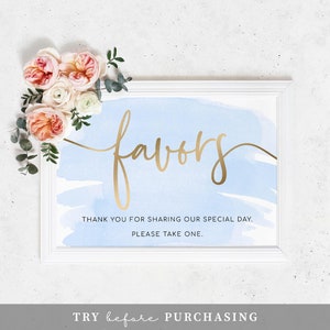 Favors Sign - Blue Watercolour - Favours Sign - Gold Foil - Bridal and ...