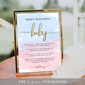Printable Who's Watching Baby Sign Template, Pink Blue Watercolour Gold ...