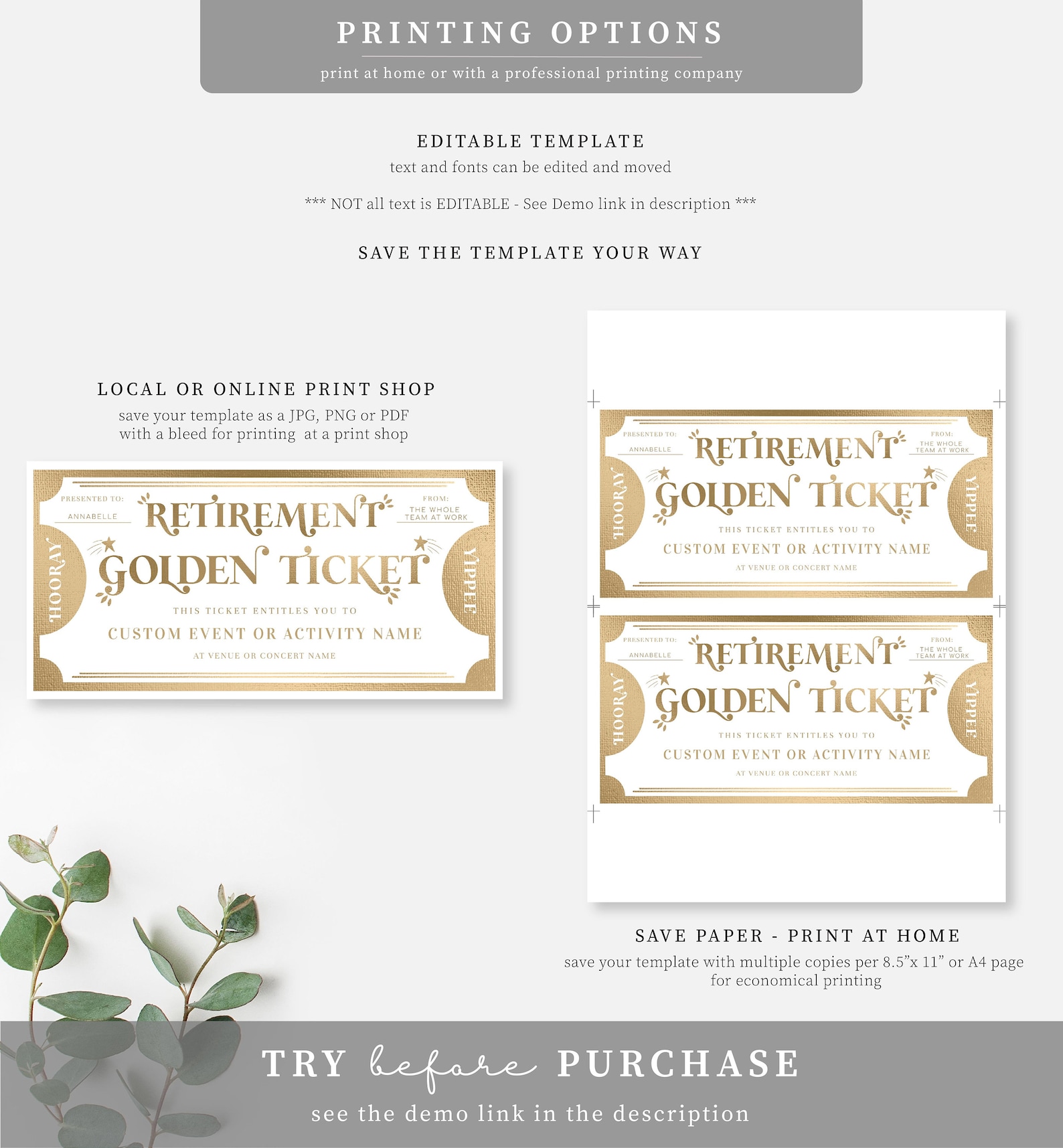 Retirement Golden Ticket Custom Gift Voucher Template, Printable ...