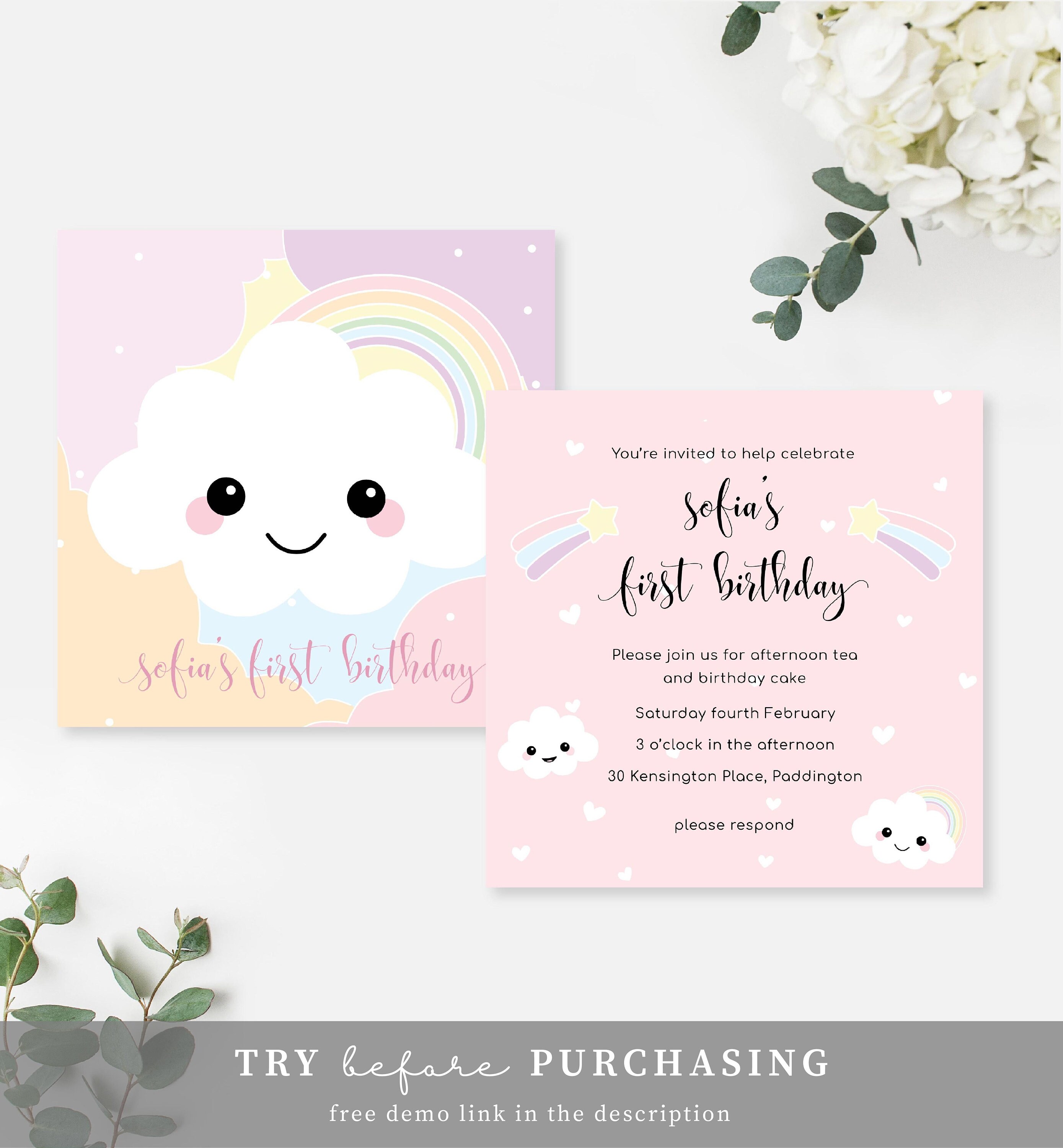 Printable Birthday Cloud Rainbow Invitation Editable Girls - Etsy Australia