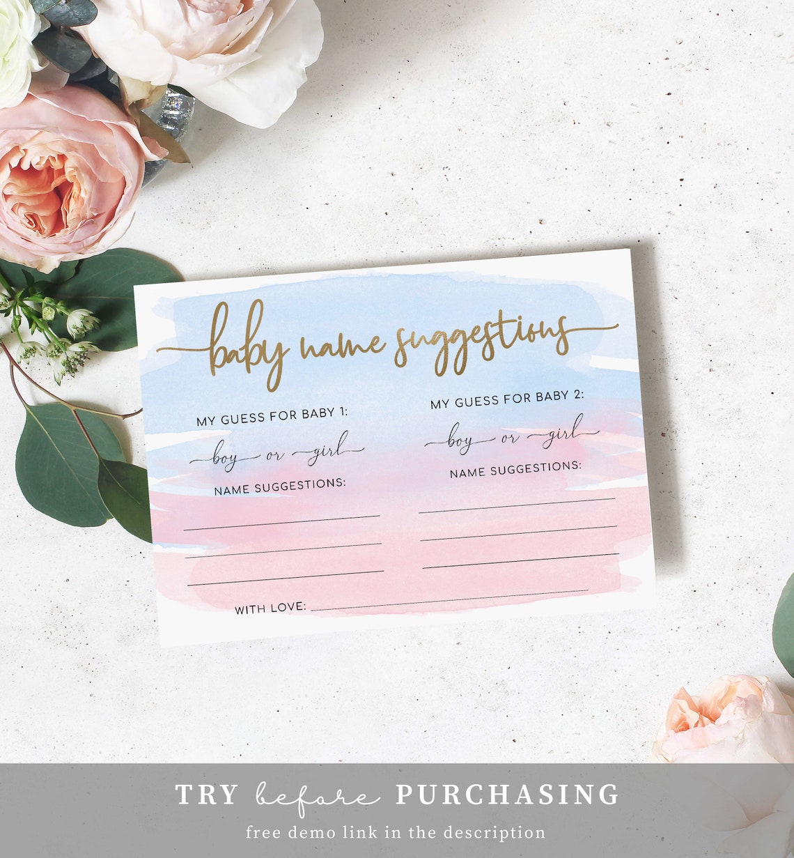 Twins Baby Name Suggestions Card & Sign: Pink Blue Watercolor ...