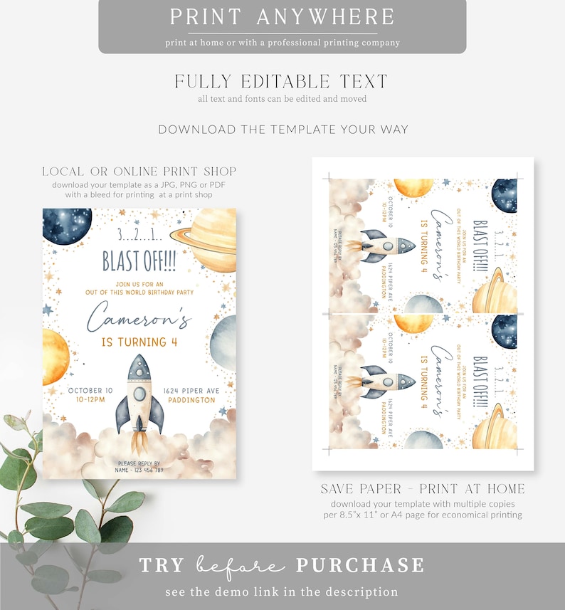 Outer Space Rocket Ship Birthday Party Invitation, Printable Any Age ...