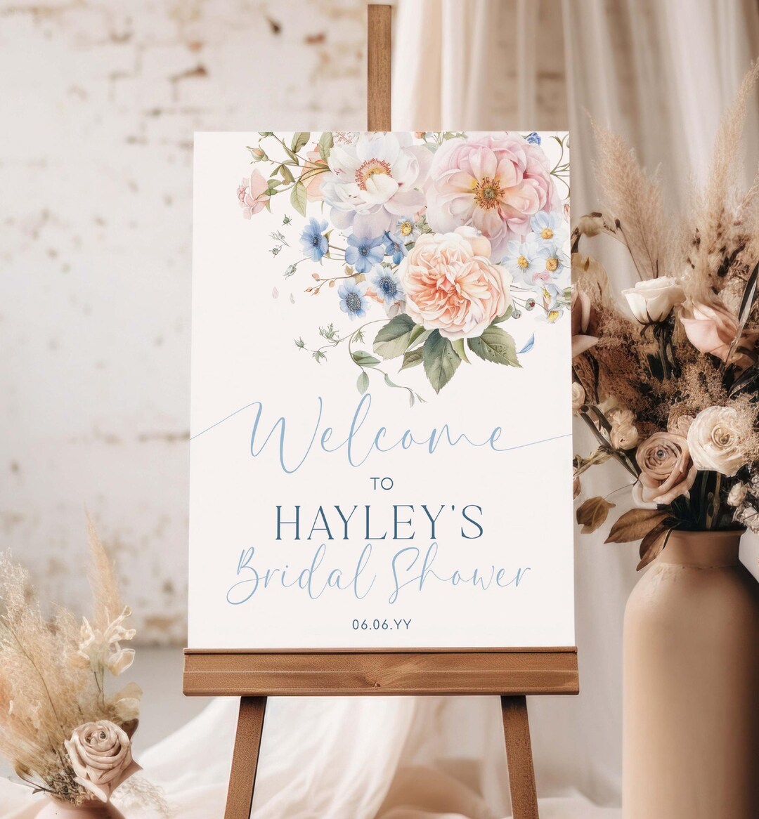 Dust Blue Floral Welcome Sign, Printable Bridal Shower Welcome Sign ...