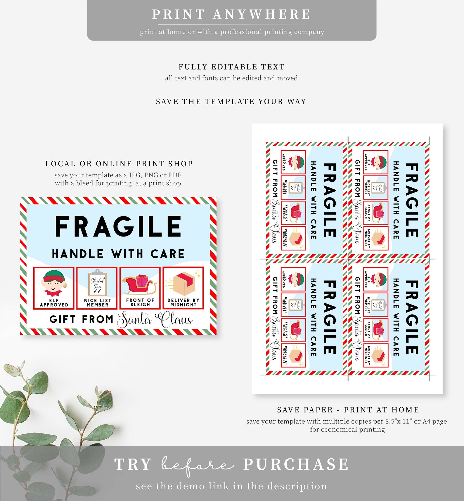 Printable Christmas Fragile Label, Santa's Workshop Shipping Tag ...