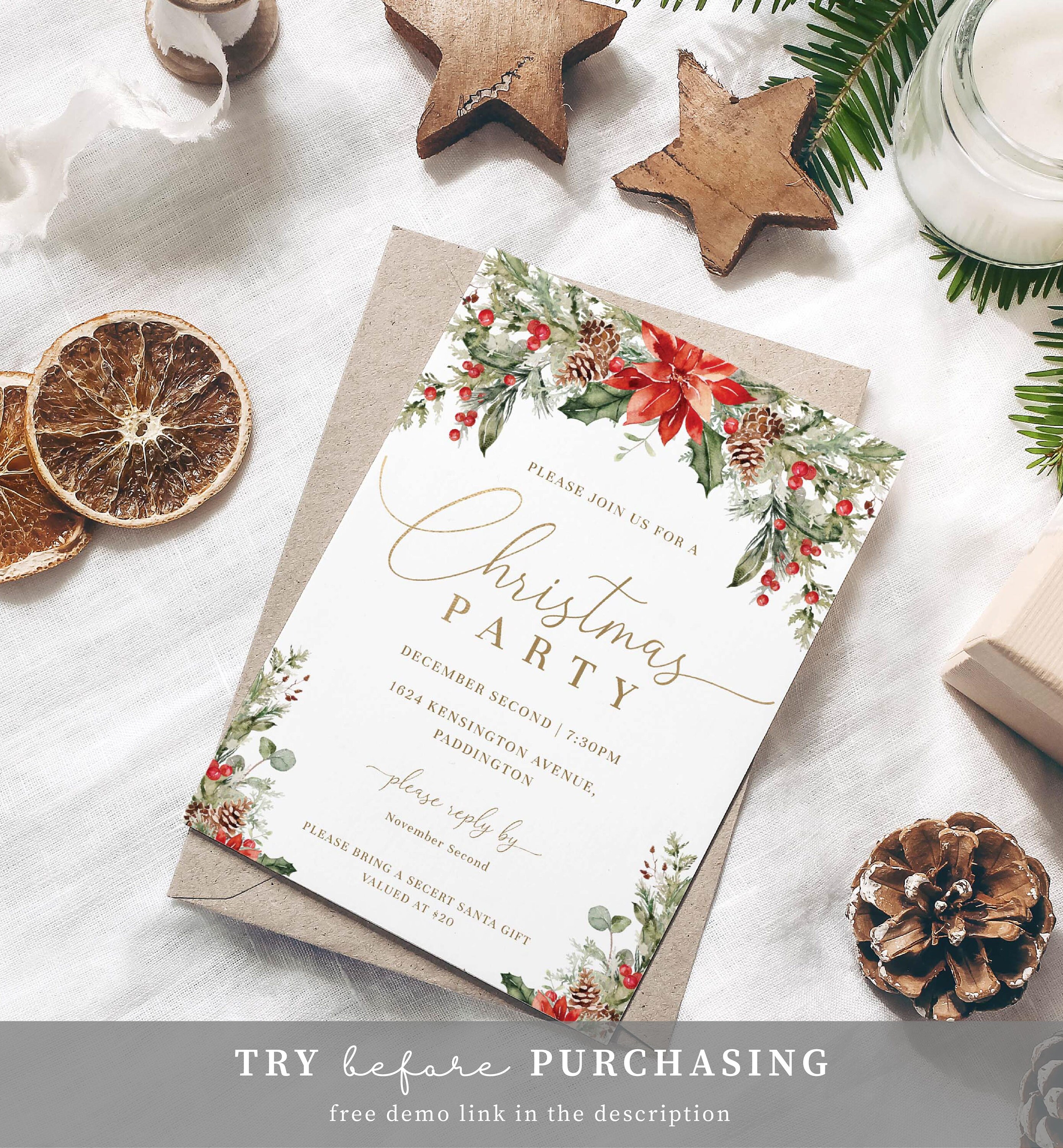 Editable Christmas Party Invitation: Holly Greenery Design (digital ...