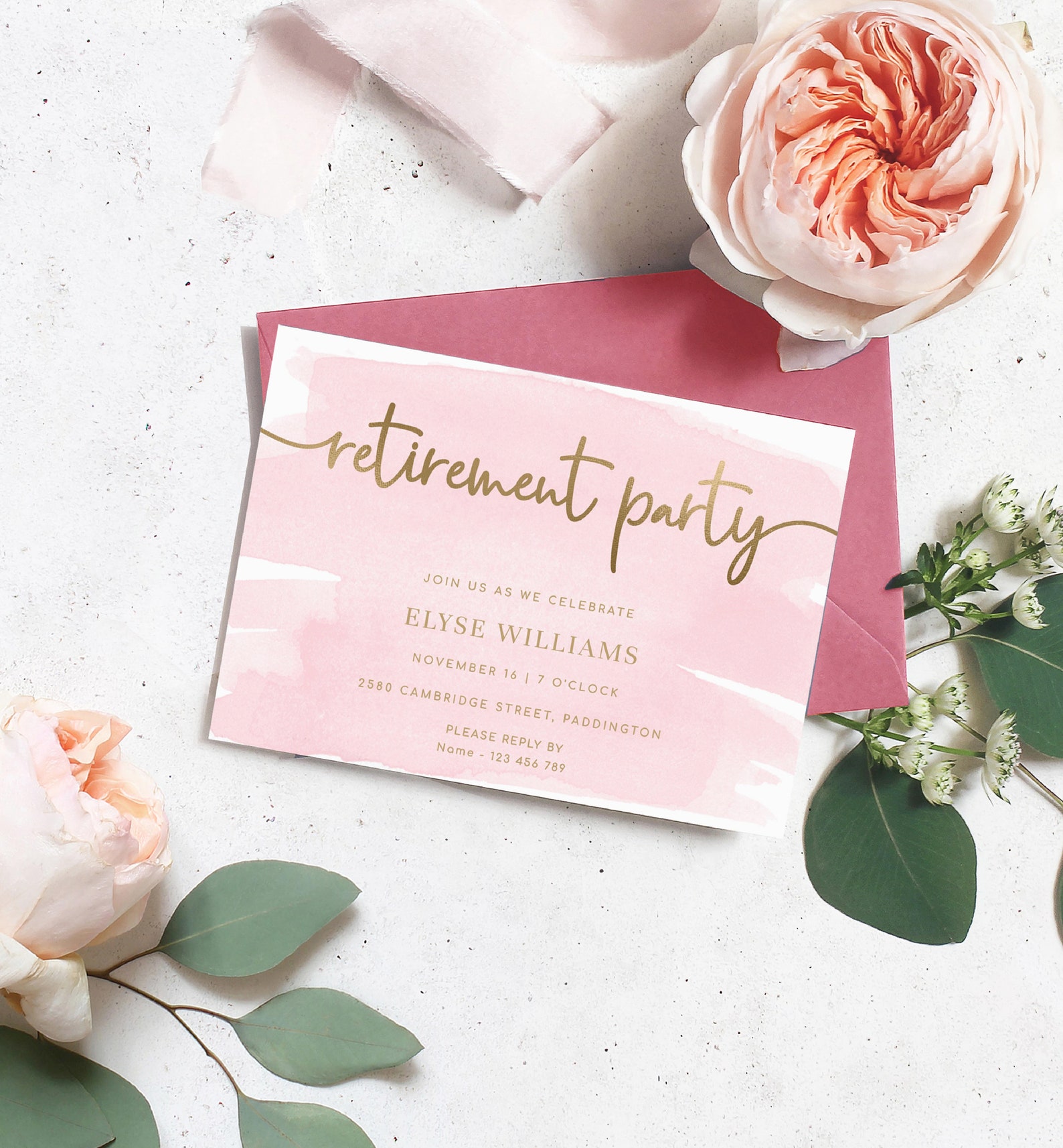 Printable Retirement Party Invitation Pink Watercolour Gold - Etsy ...