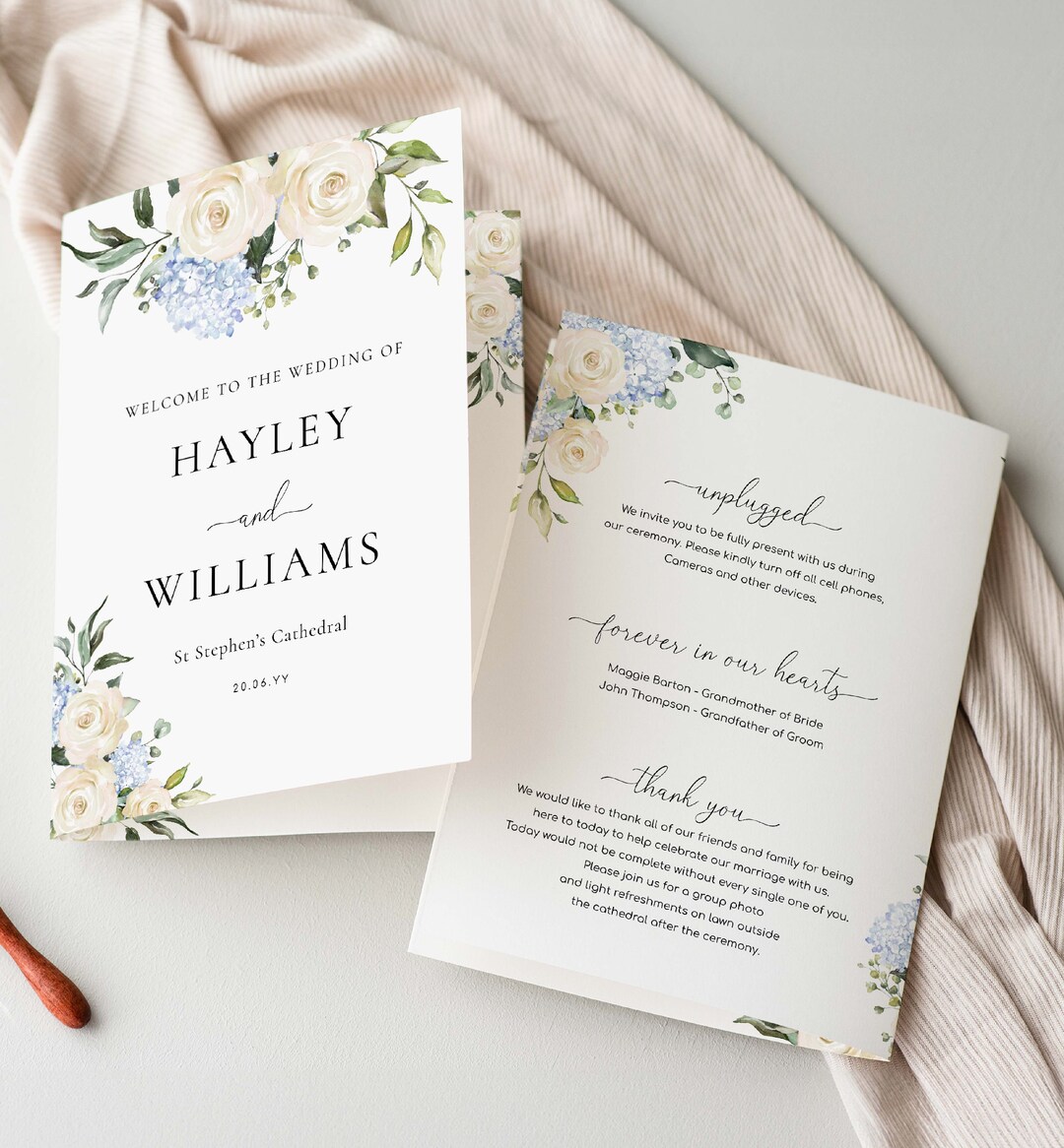 Printable Wedding Ceremony Program Template, White Rose Floral, Wedding ...