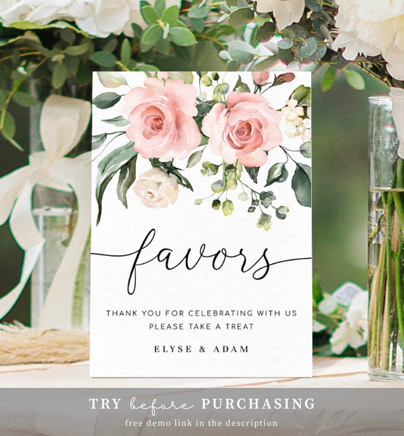 Blush Floral Favors Sign, Printable Wedding Favors Sign Template ...