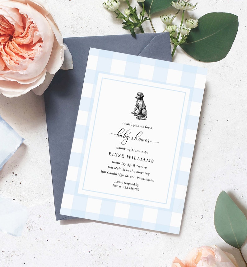 Puppy Dog Baby Shower Printable Invitation Template, Blue Gingham, Boy ...