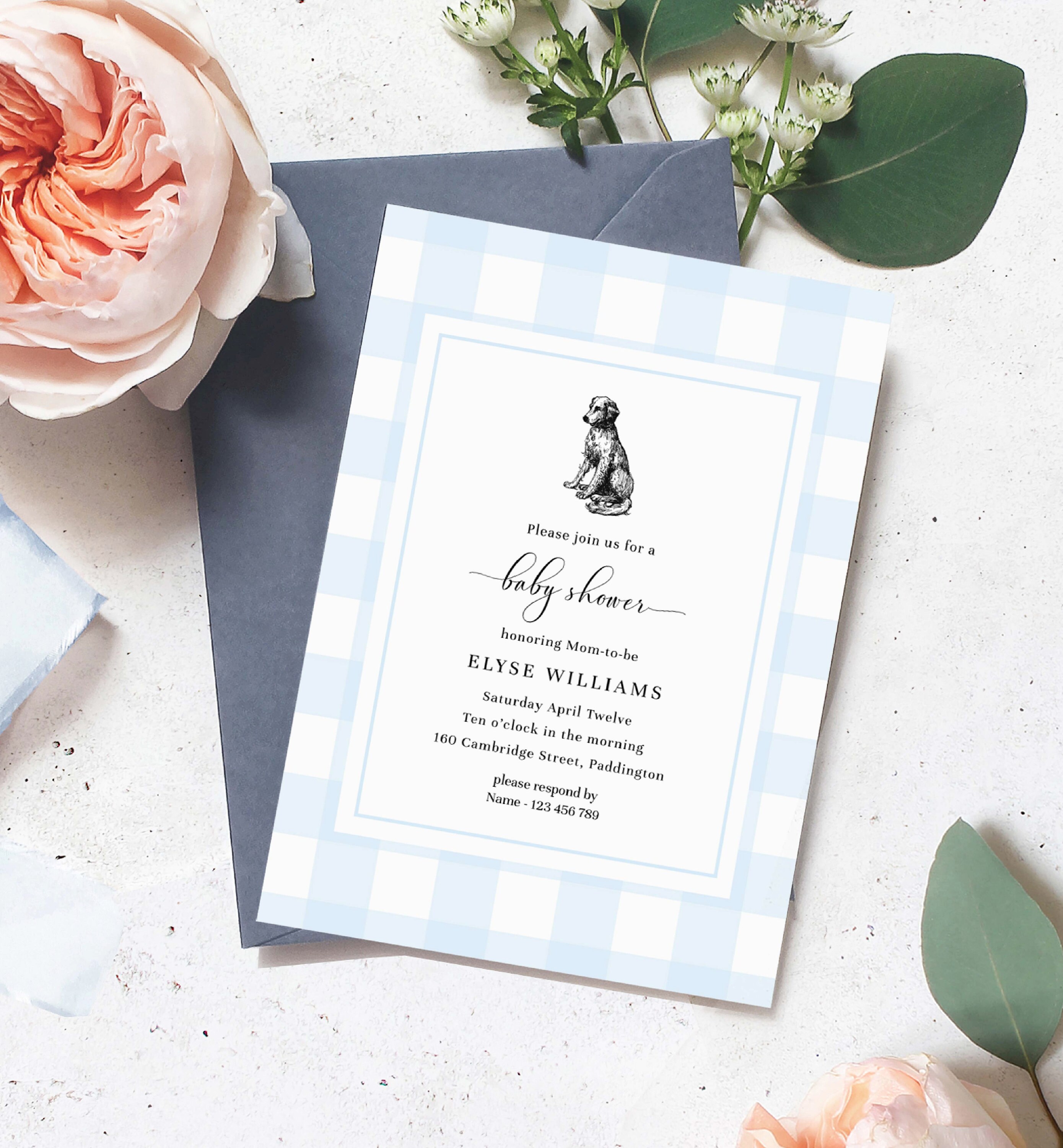 Puppy Dog Baby Shower Printable Invitation Template, Blue Gingham, Boy ...