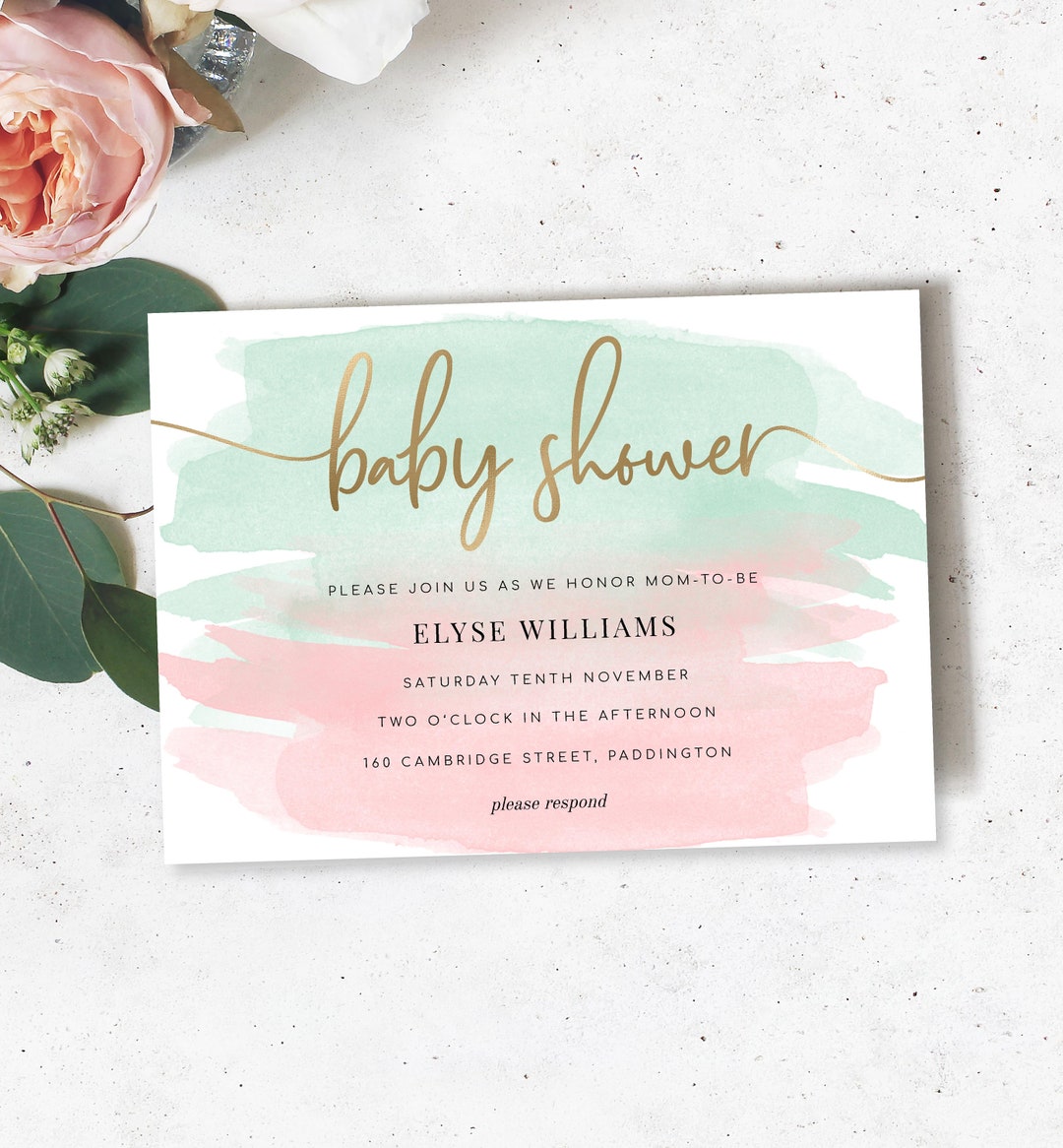 Gender Neutral Baby Shower Invitation Template - Gold Foil - Mint Green ...