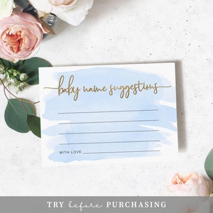 Baby Name Suggestions Card and Sign, Blue Watercolour Gold, Printable ...