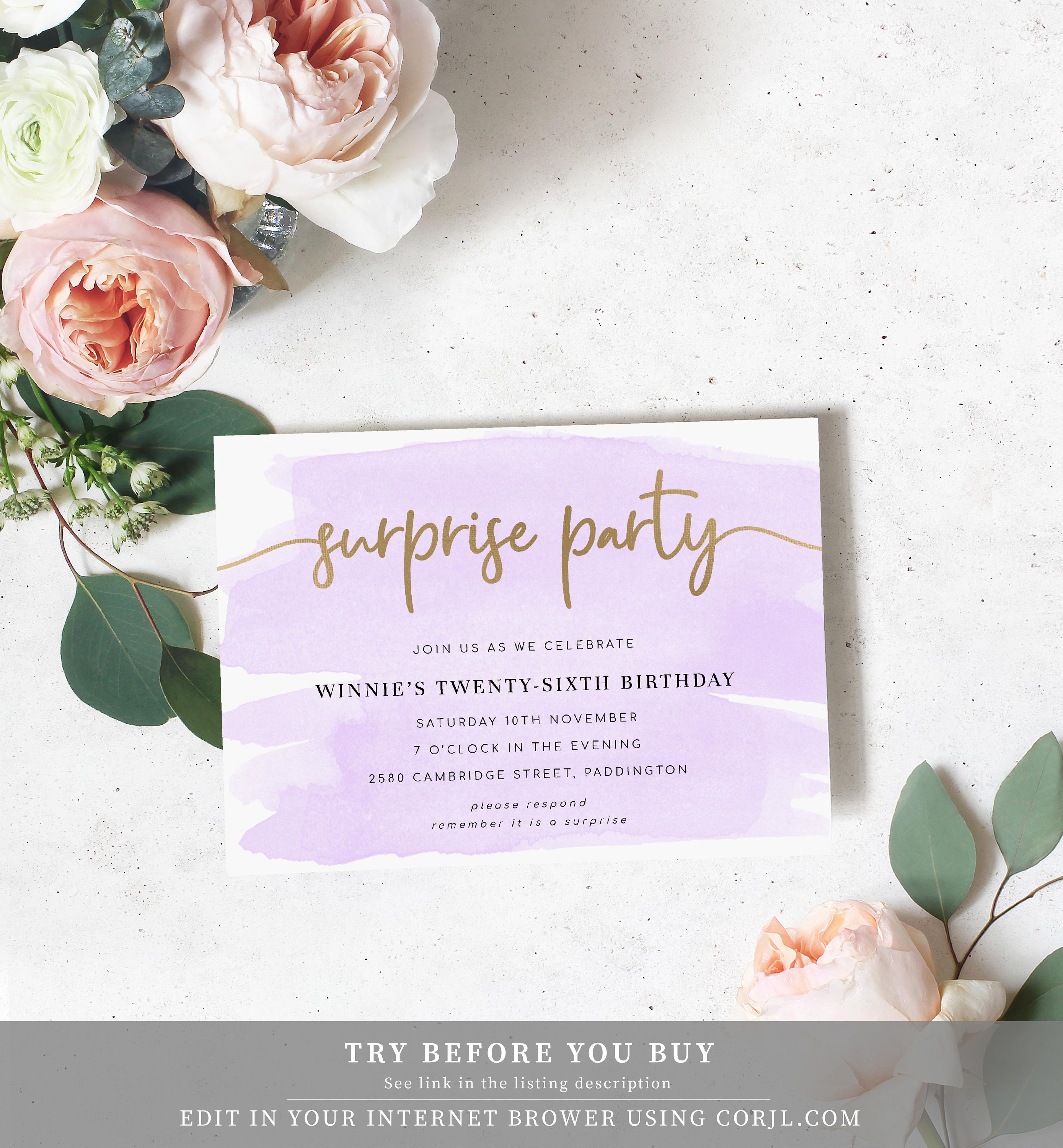 Lilac Surprise Birthday Invitation – Gold Foil, Watercolor (printable ...
