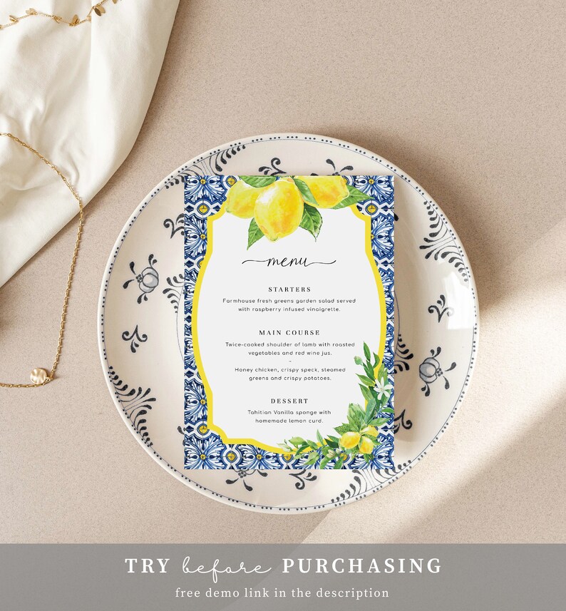 Printable Menu Template Positano Blue Tile Lemons Wedding - Etsy Australia