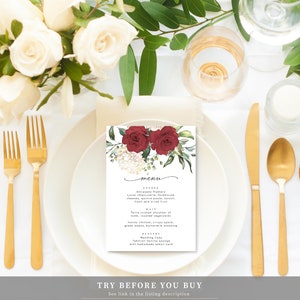 Editable Menu - Red Rose Floral Wedding Dinner Menu - Printable Baby ...
