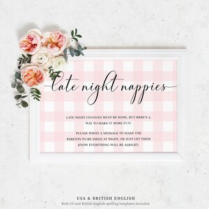 Late Night Diapers Sign, Pink Gingham Printable Baby Girl Baby Shower ...