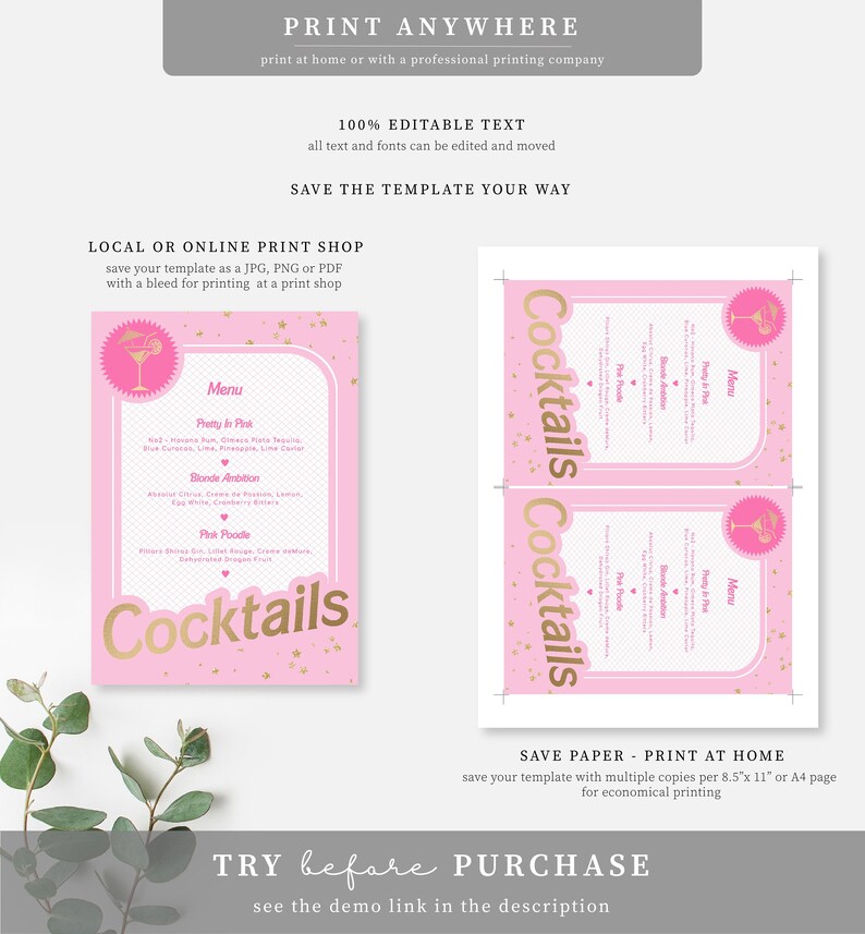Editable Cocktail Menu Sign, Drinks Menu, Birthday Party Beverage Menu ...