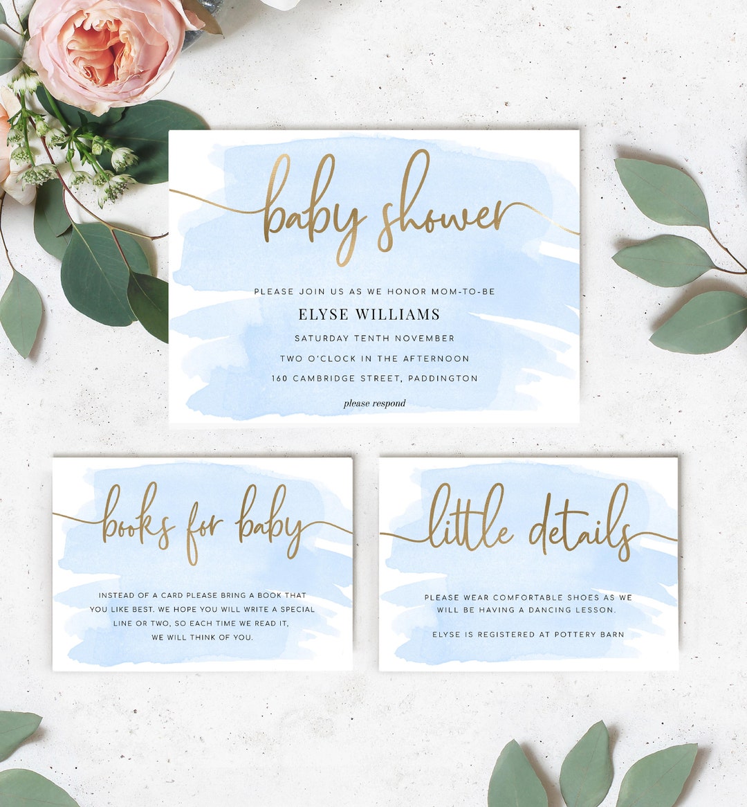 Blue Baby Shower Invitation Set, Books for Baby and Details Card, Gold ...