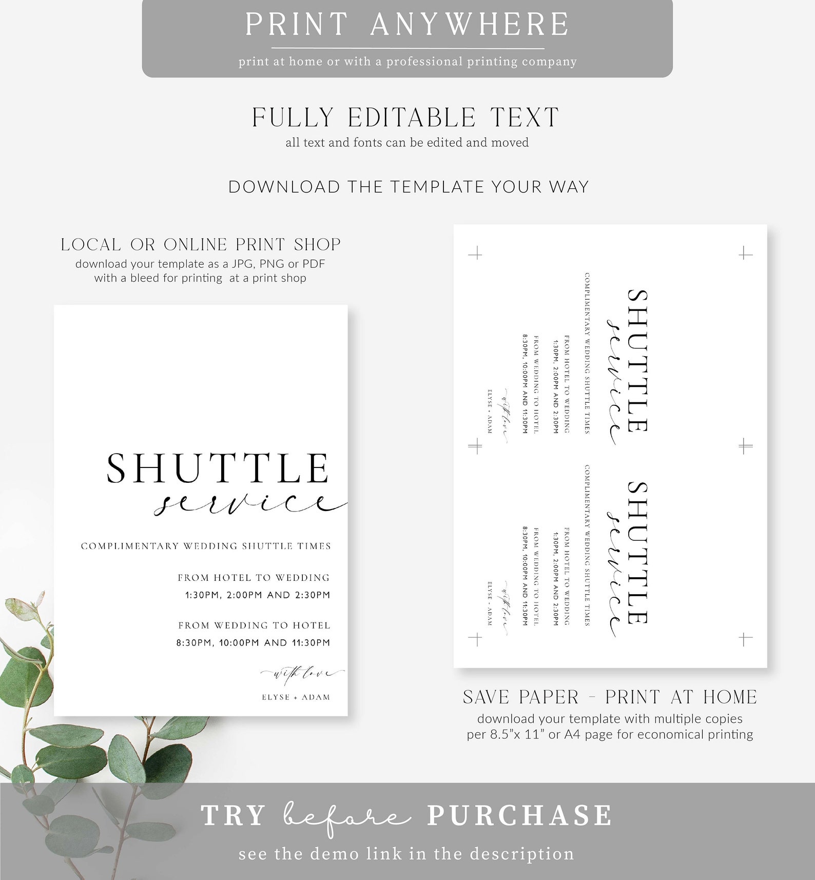 Shuttle Service Sign Template, Printable Wedding Venue Transport Sign ...