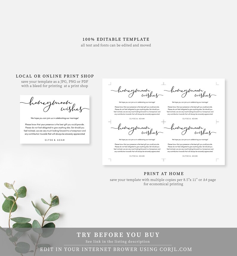 Printable Honeymoon Wish Card Minimalist Wedding Honeymoon | Etsy