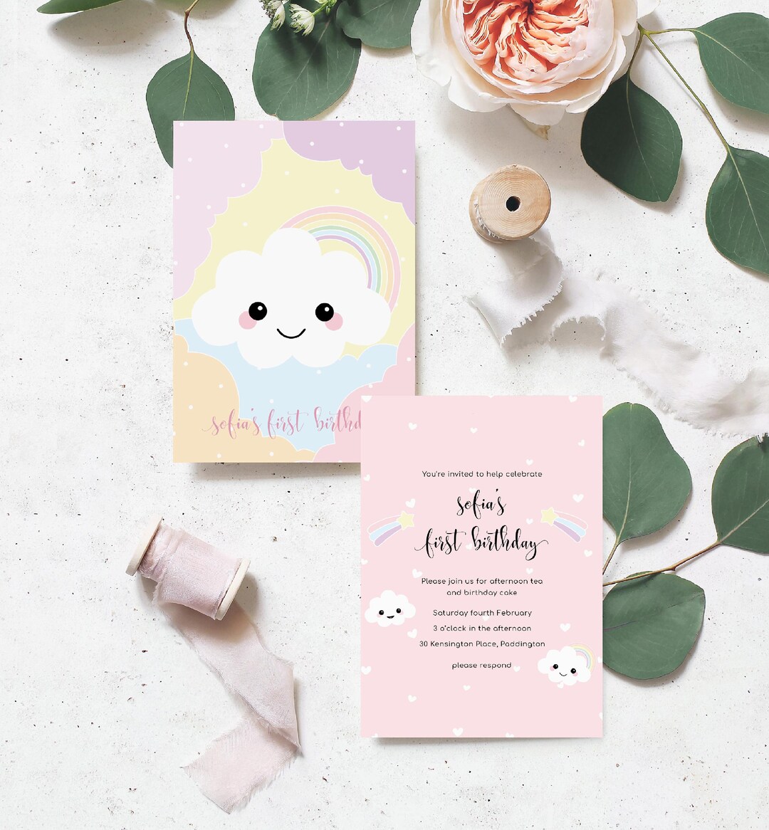 Printable Birthday Cloud Rainbow Invitation - Editable Girls Birthday ...