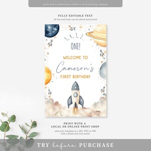 Rocket Ship Outer Space Birthday Welcome Sign, Printable First Trip ...