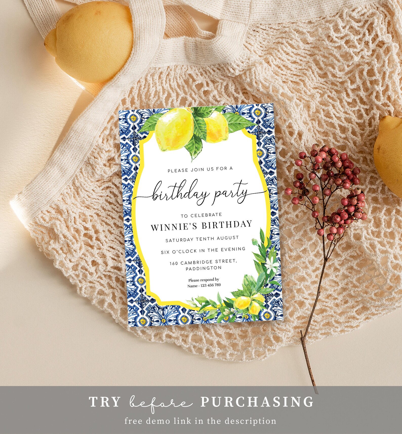 Birthday Party Invitation Positano Lemons Blue Tile Birthday - Etsy