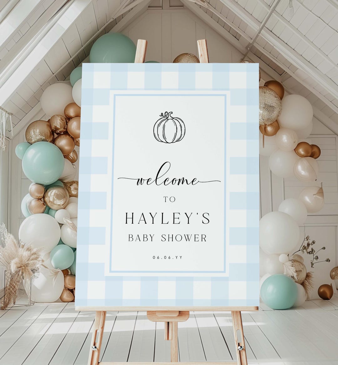 Blue Gingham Welcome Sign, Fall Pumpkin Boy Baby Shower, Pale Blue ...