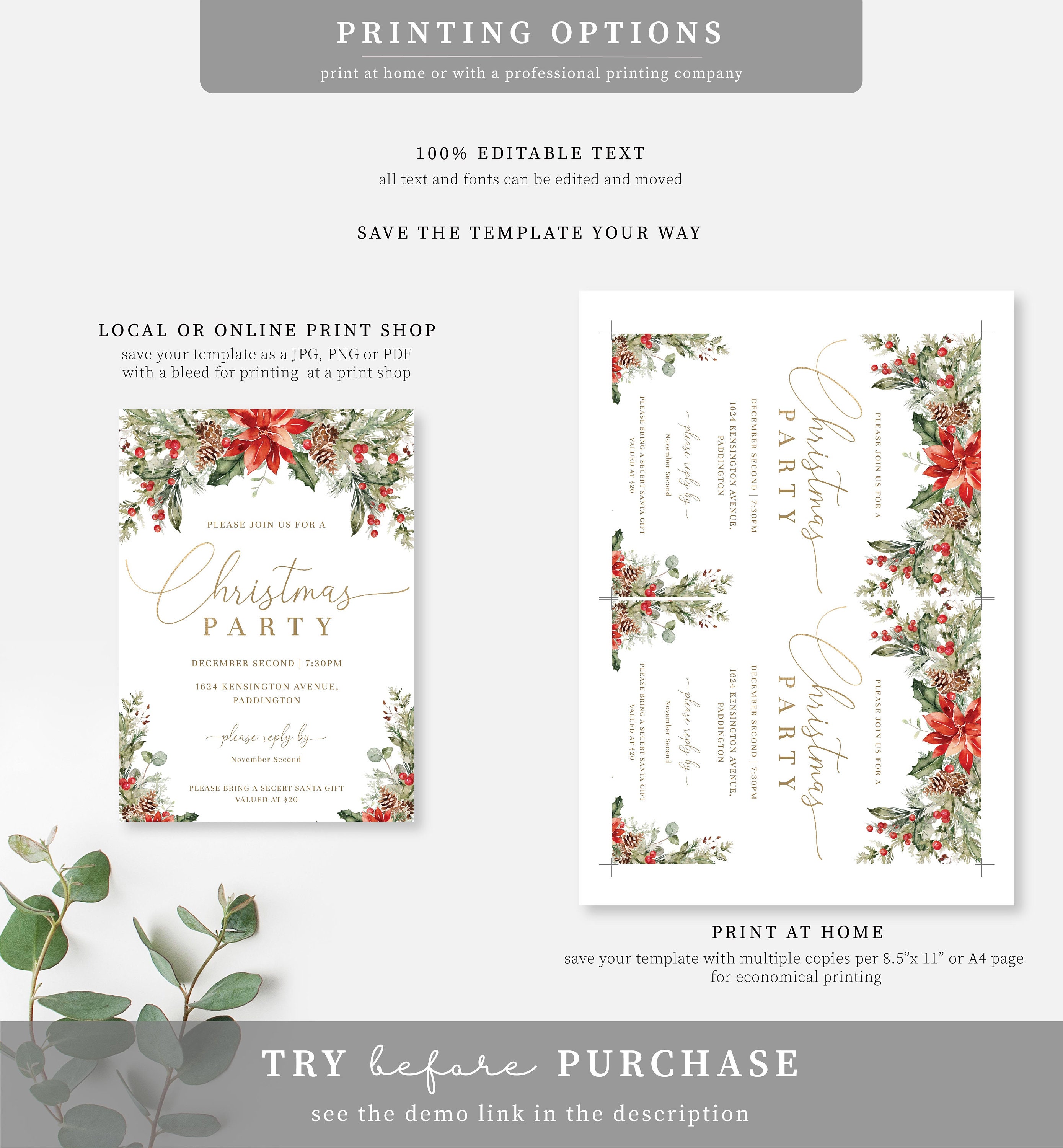 Editable Christmas Party Invitation: Holly Greenery Design (digital ...