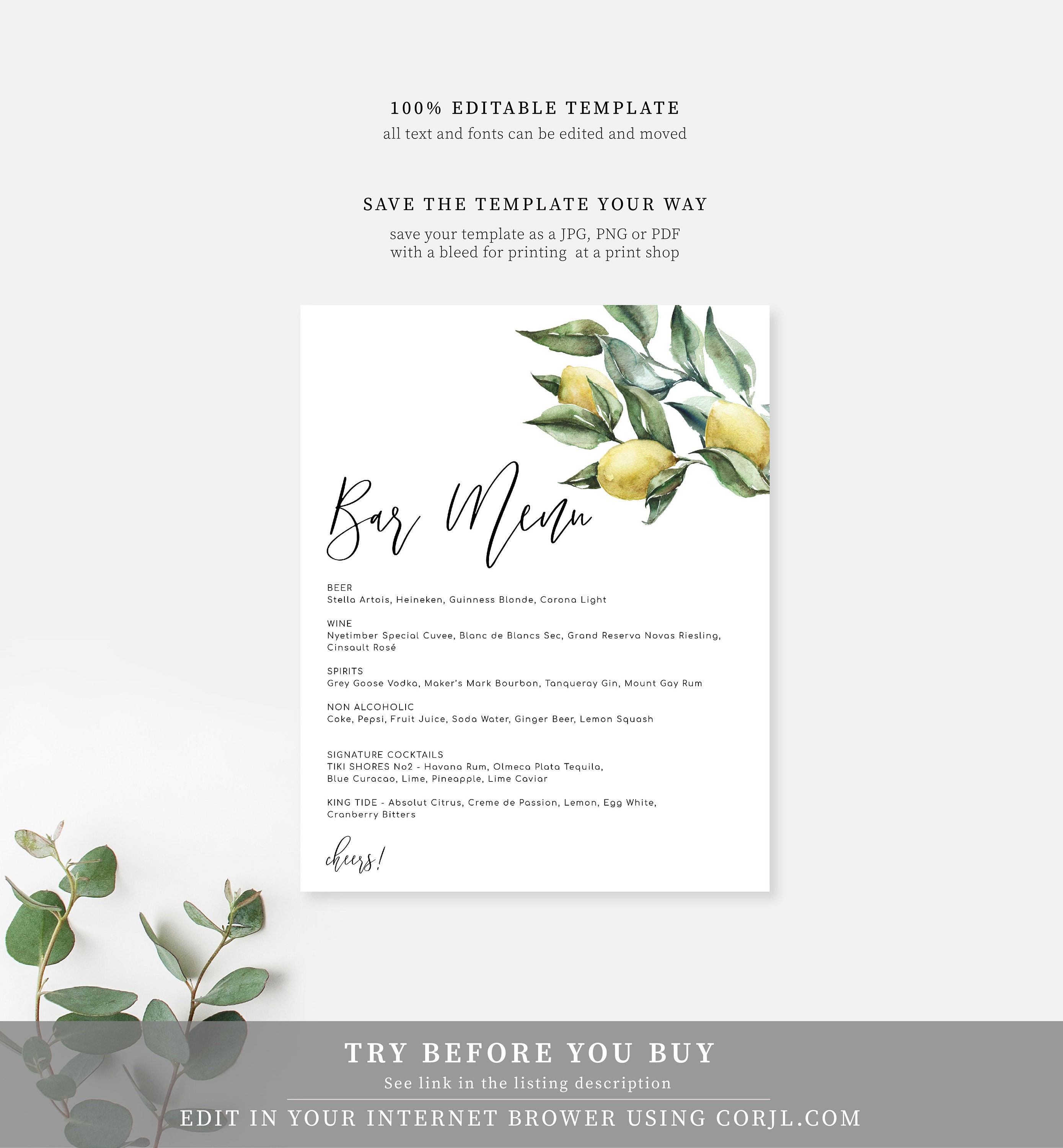 Printable Lemon Bar Menu Sign Editable Wedding Bar Menu Sign | Etsy