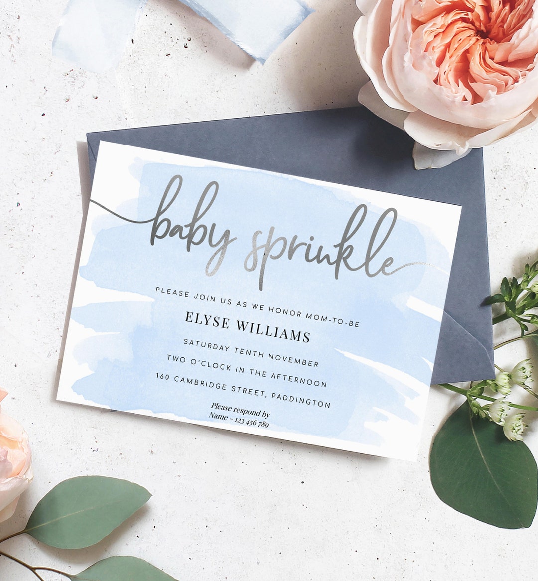 Blue Baby Sprinkle Invitation Template, Blue Watercolour Silver Boy ...