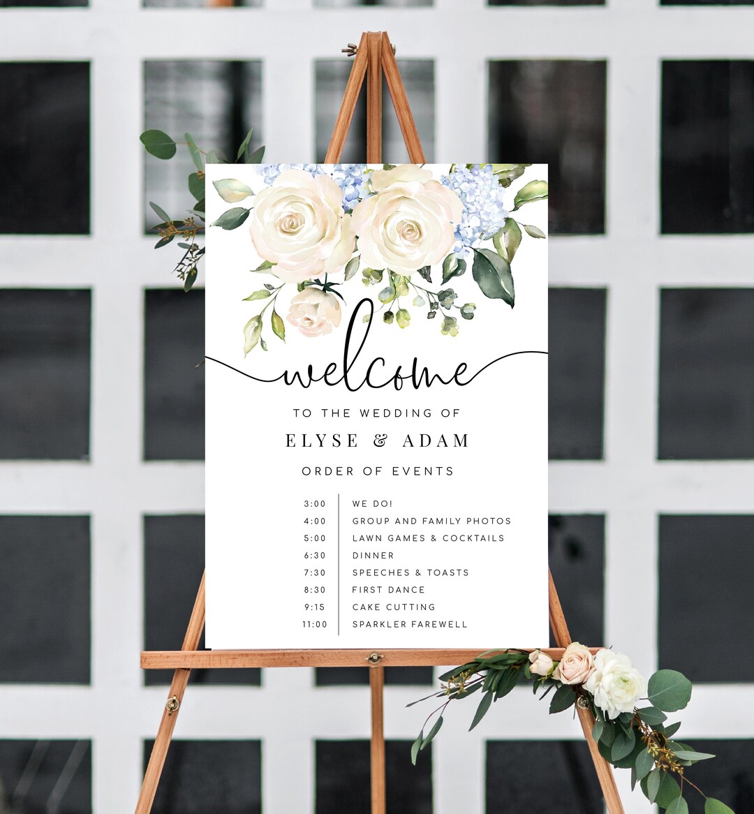 Order of Events Welcome Template White Rose Blue Hydrangea Wedding ...