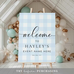 Blue Gingham Graduation Welcome Sign, Pale Blue Check, Printable ...
