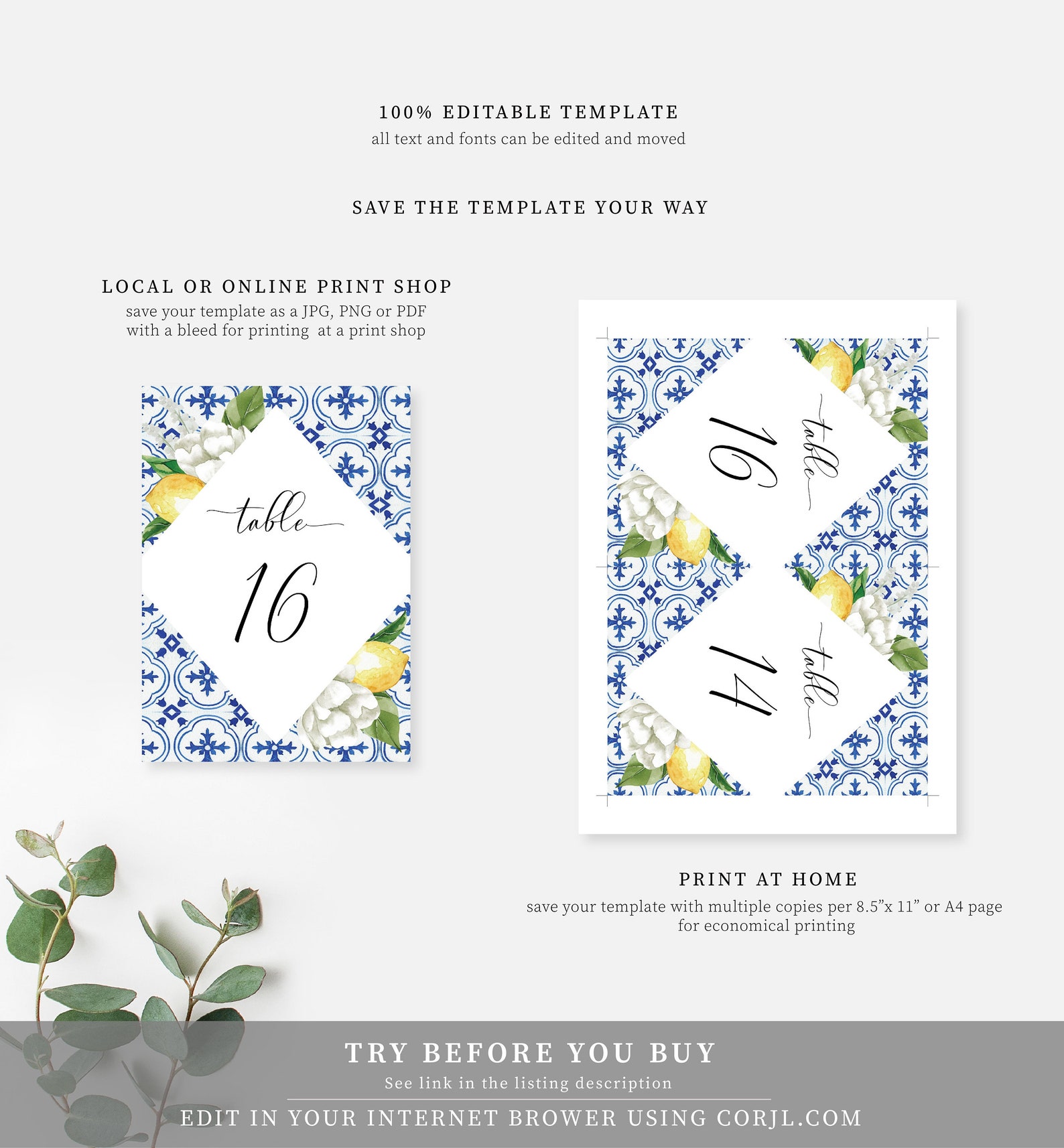 Printable Table Numbers Mediterranean Blue Tile Lemons - Etsy