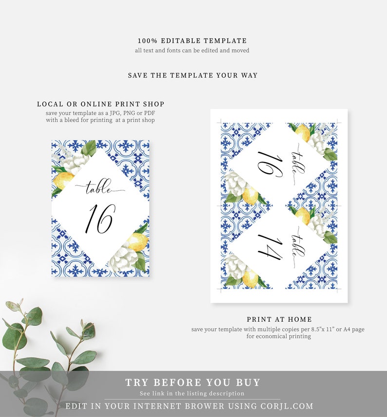 Printable Table Numbers Mediterranean Blue Tile Lemons - Etsy