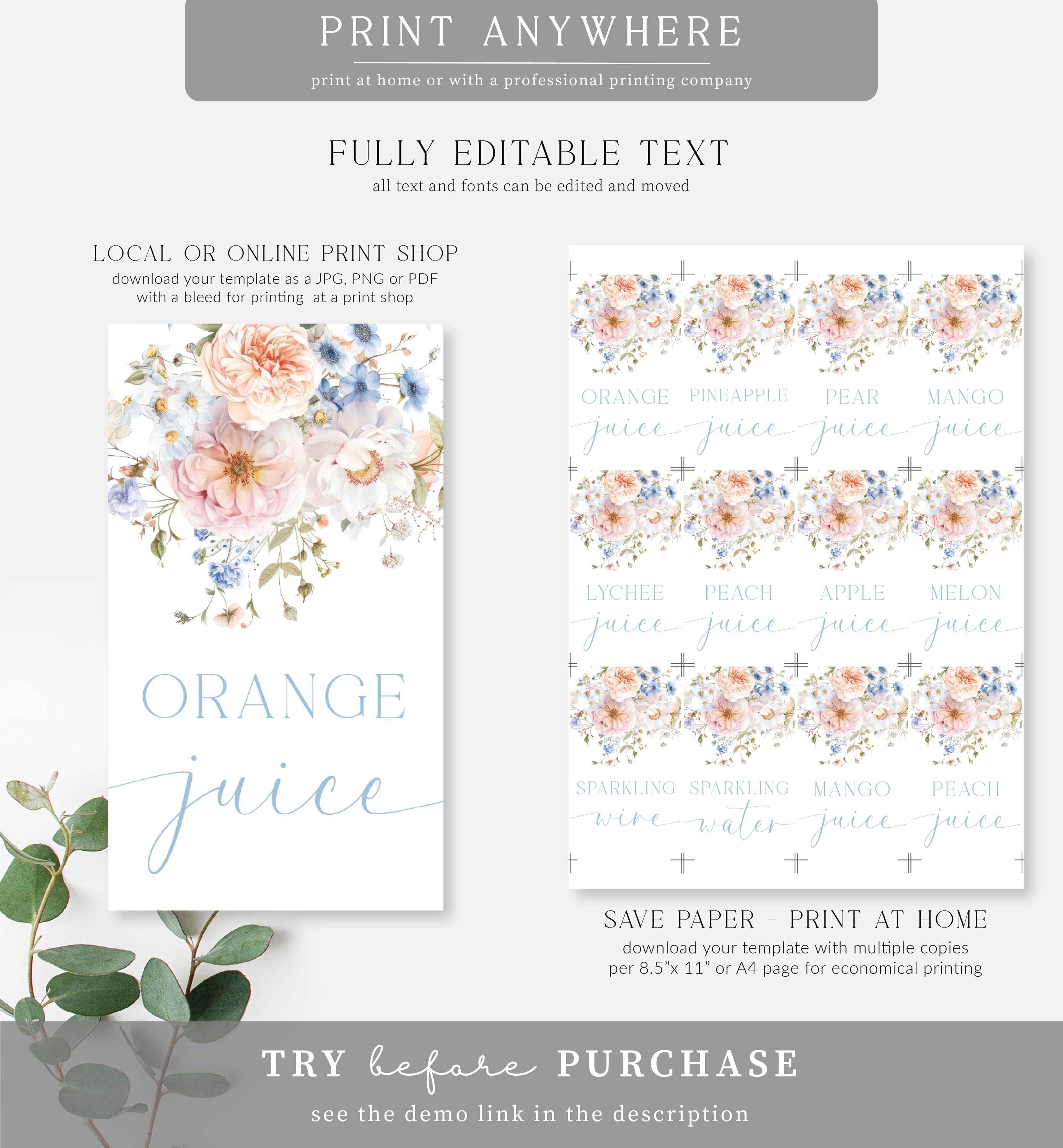 Printable Momosa Bar Sign and Juice Tags, Blue Floral Baby Shower ...