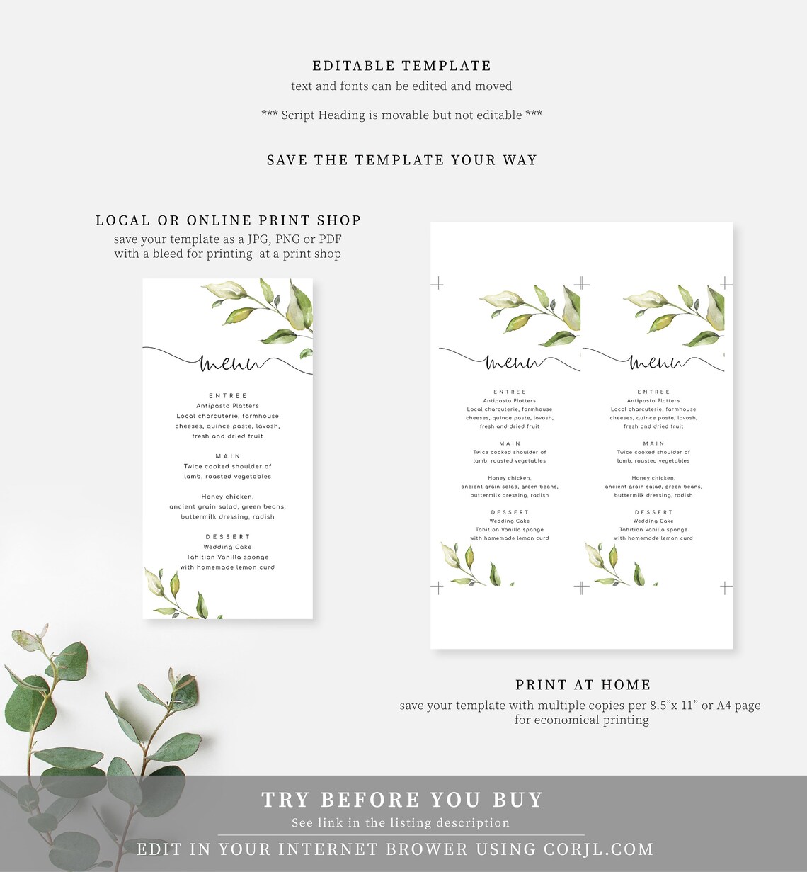 Greenery Editable Printable Menu Template Modern Minimal | Etsy