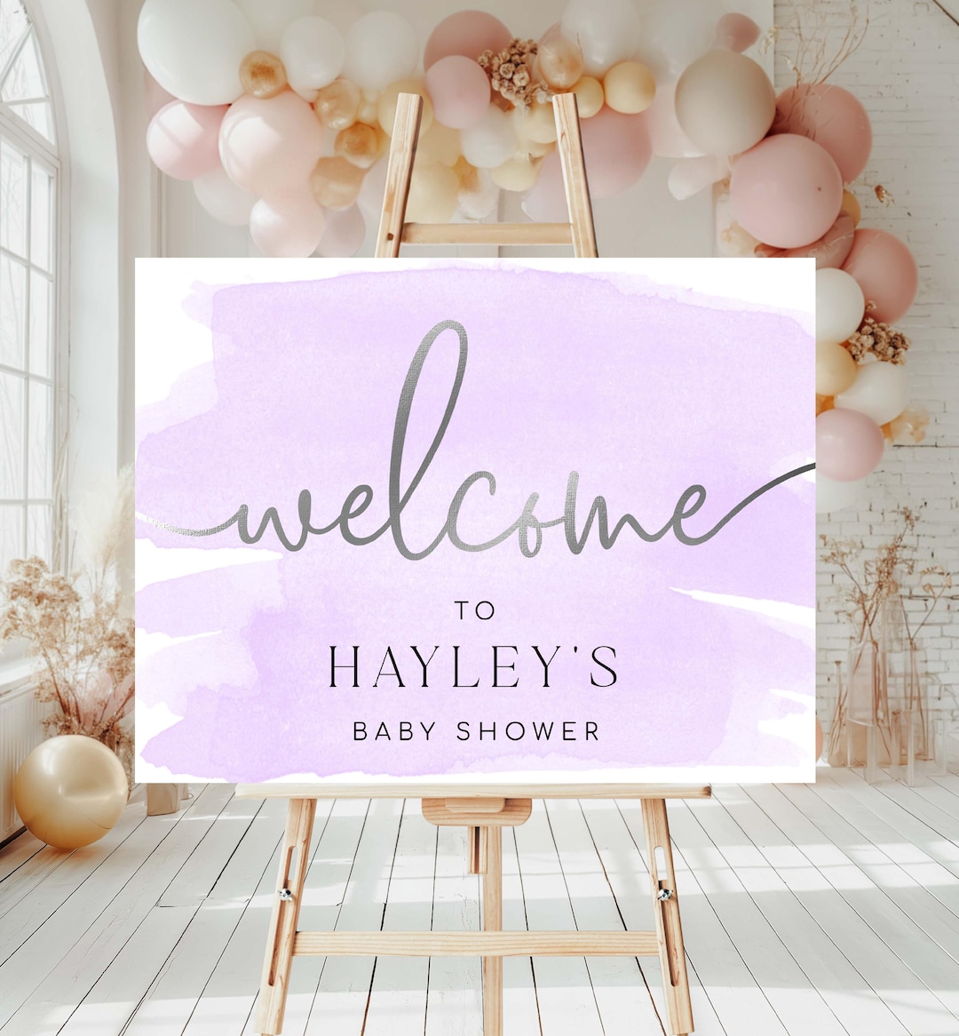 Printable Welcome Sign, Lilac Purple Watercolour Silver, Baby Shower ...