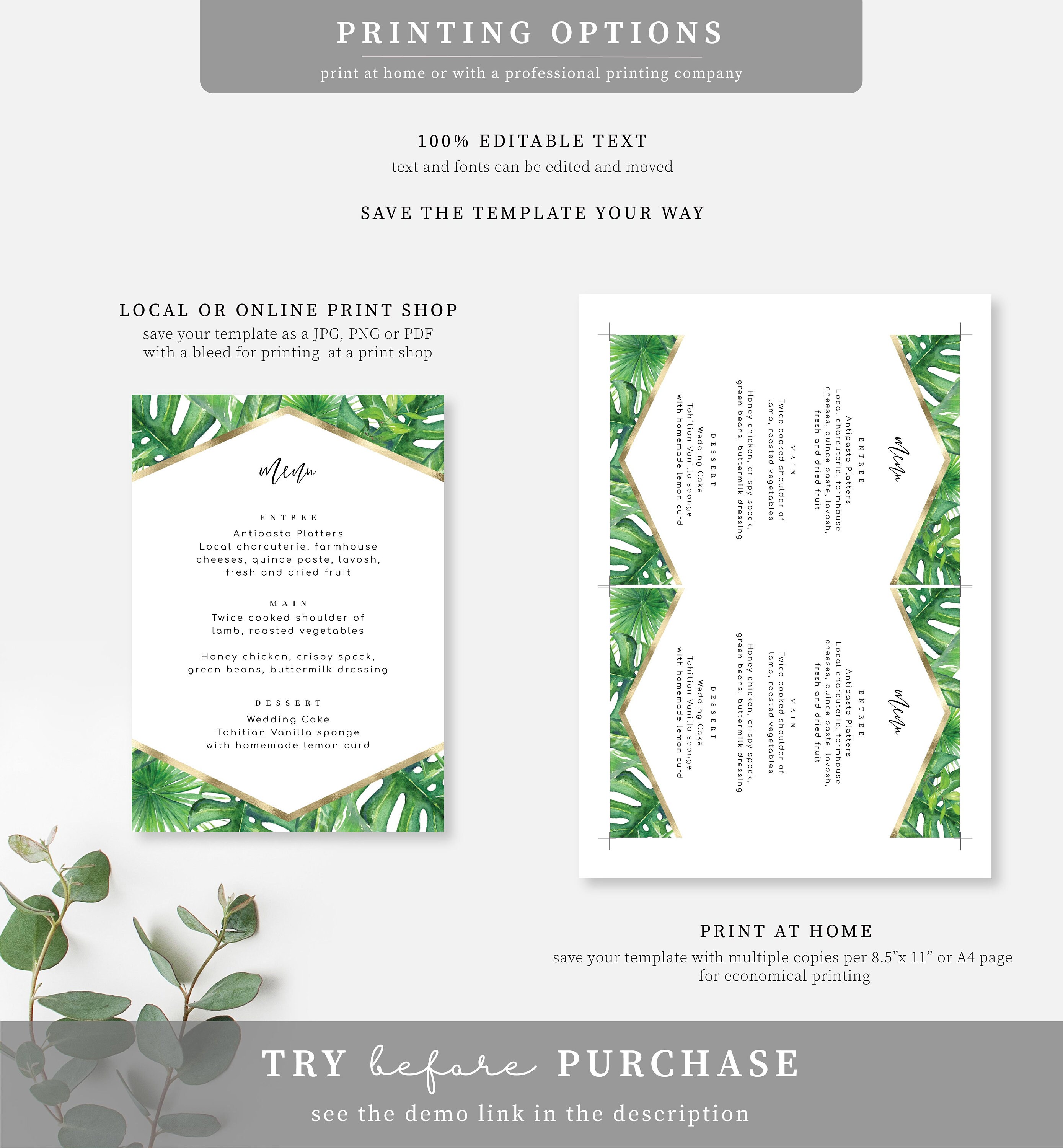 Editable Dinner Menu Tropical Palm Wedding Menu Gold Foil | Etsy