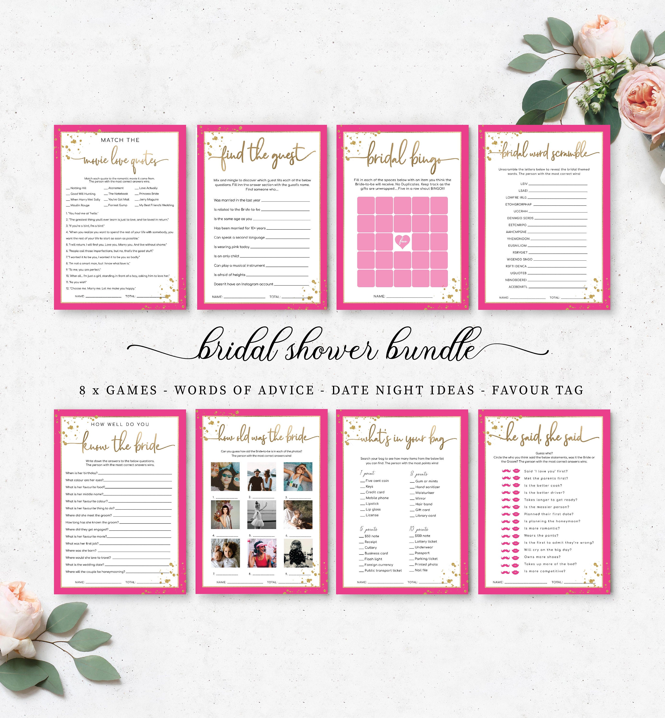Printable Bridal Shower Games Bundle Pack Hot Pink Hen's - Etsy Hong Kong