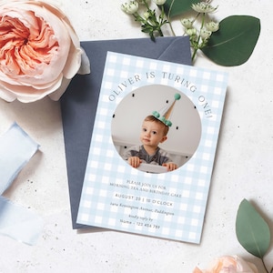 Blue Gingham Boy Birthday Photo Invitation, Printable BBQ First ...
