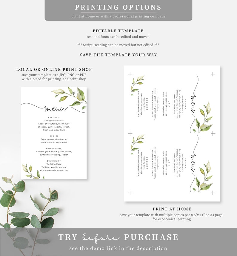 Greenery Editable Printable Menu Template Modern Minimal | Etsy